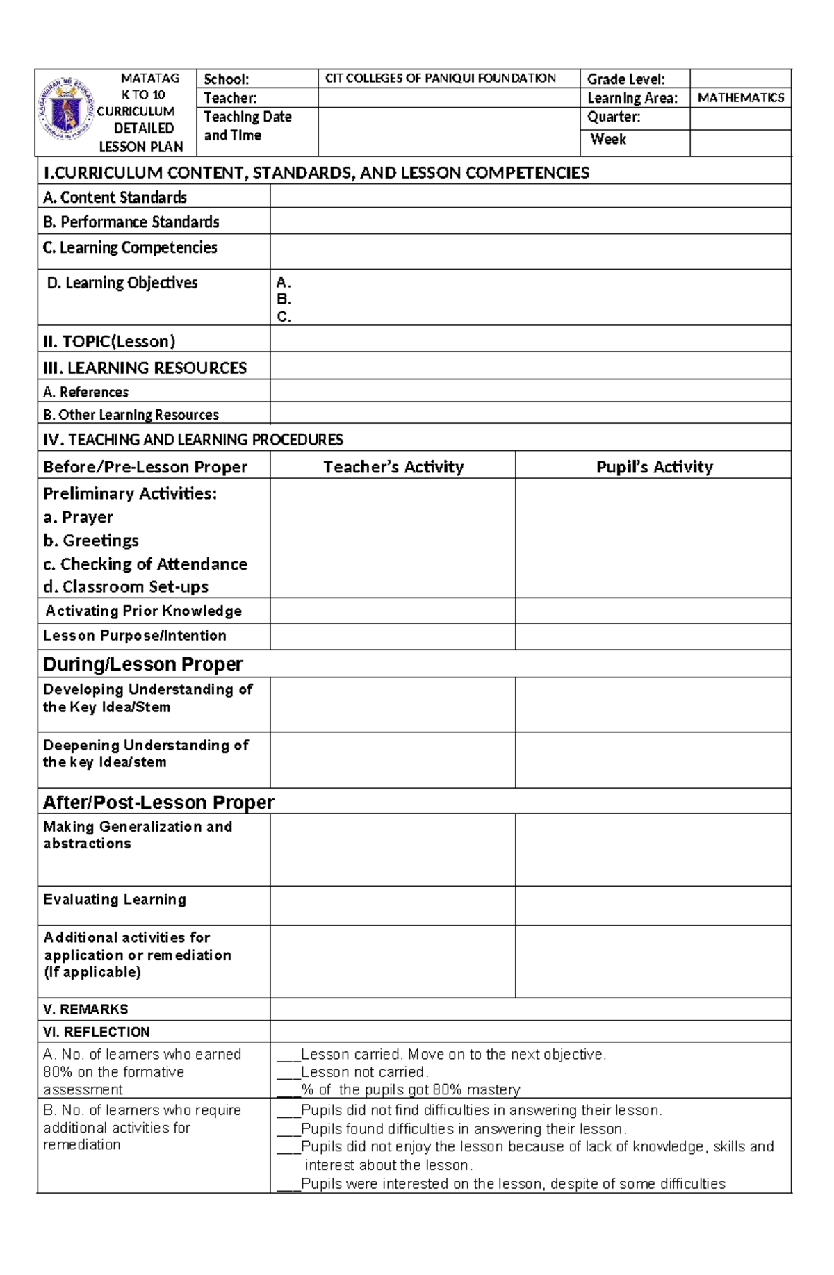 MATATAG K to 10 Curriculum Detailed Lesson Plan - Math Exemplar - Studocu