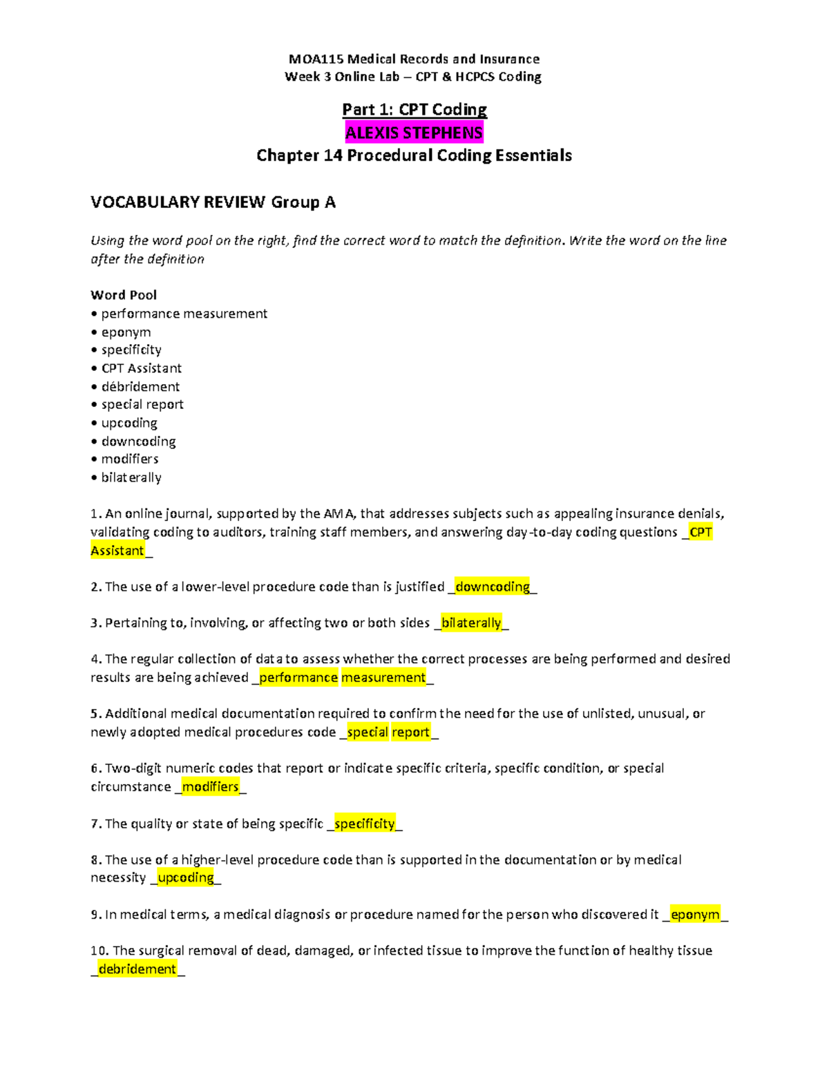 Week 3 Lab CPT coding - MOA115 Medical Records and Insurance Week 3 ...