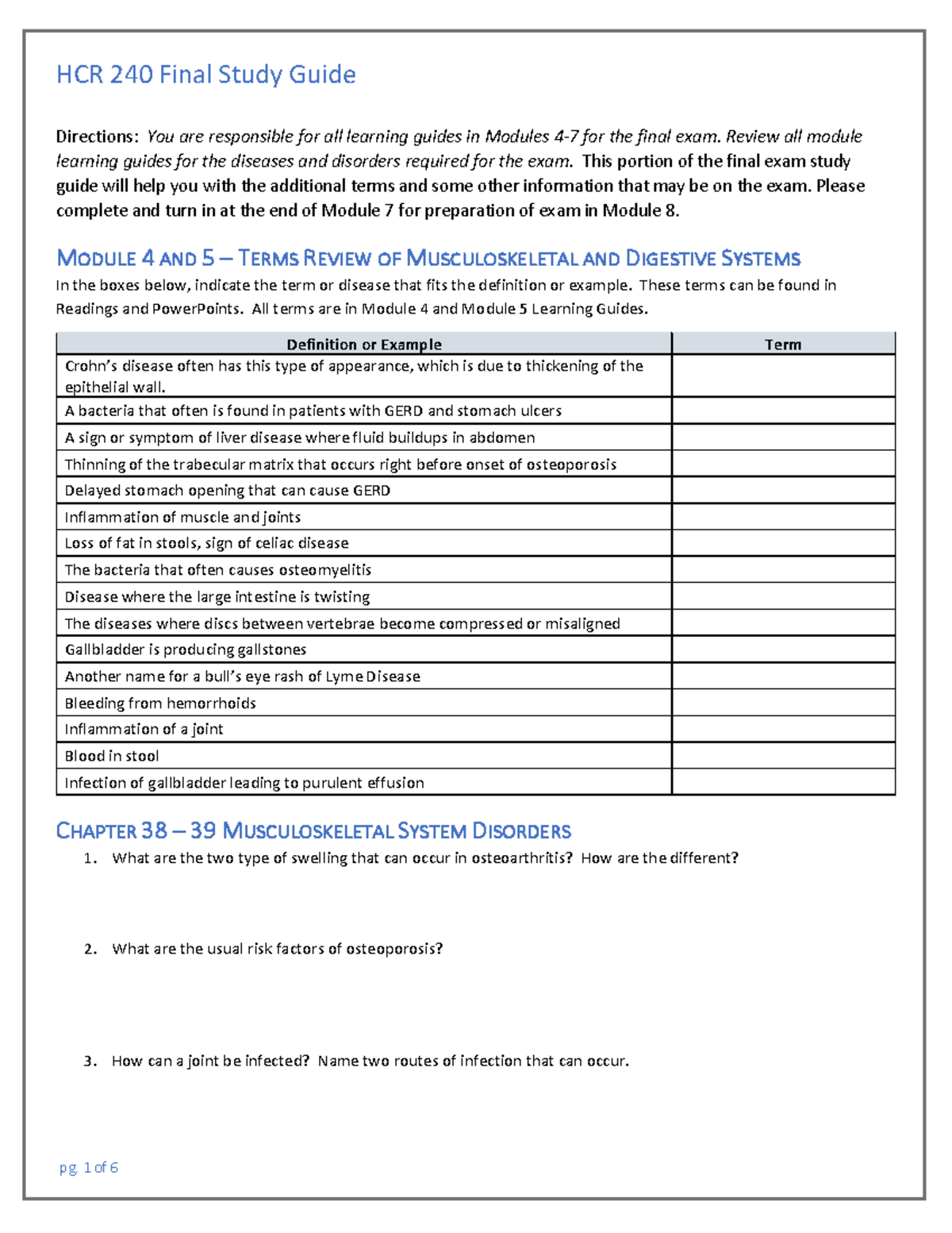 Patho Final Exam Study Guide - Directions: You are responsible for all ...