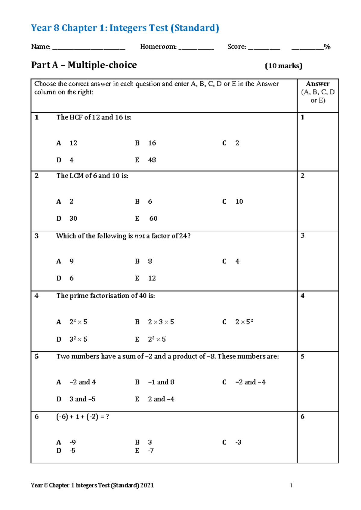 Y8 Math Chapter 1 Integers Test (Standard) 2021 - Studocu