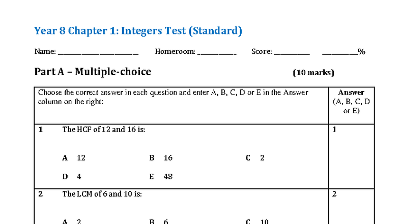 Y8 Math Chapter 1 Integers Test (Standard) 2021 - Studocu