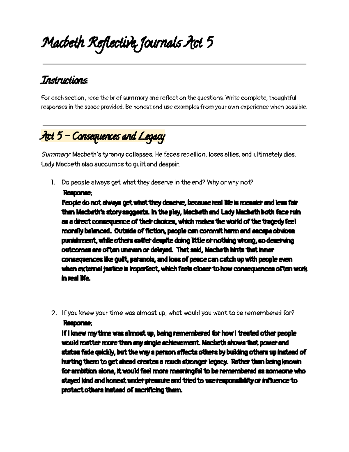 Macbeth Reflective Journals: Act 5 Insights and Reflections - Studocu