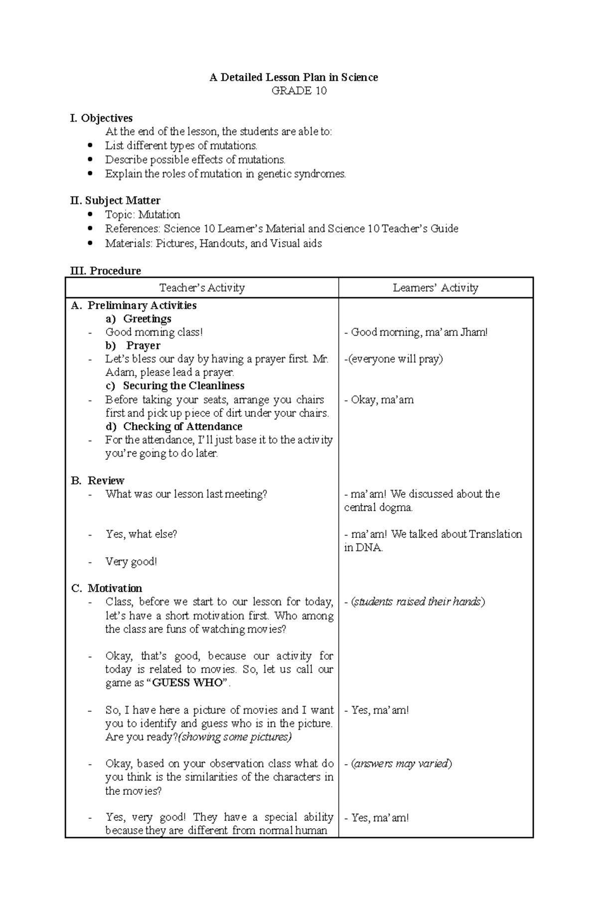 A detailed lesson plan in science 10 final demopdf - A Detailed Lesson ...
