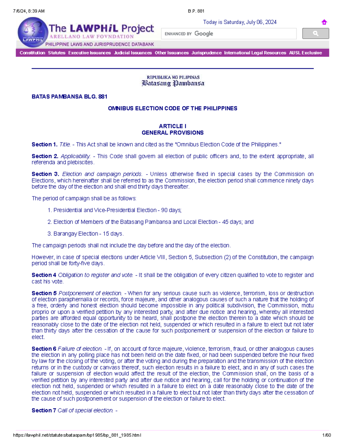 B.P. 881 - Omnibus Election Code: Comprehensive Overview and Provisions ...