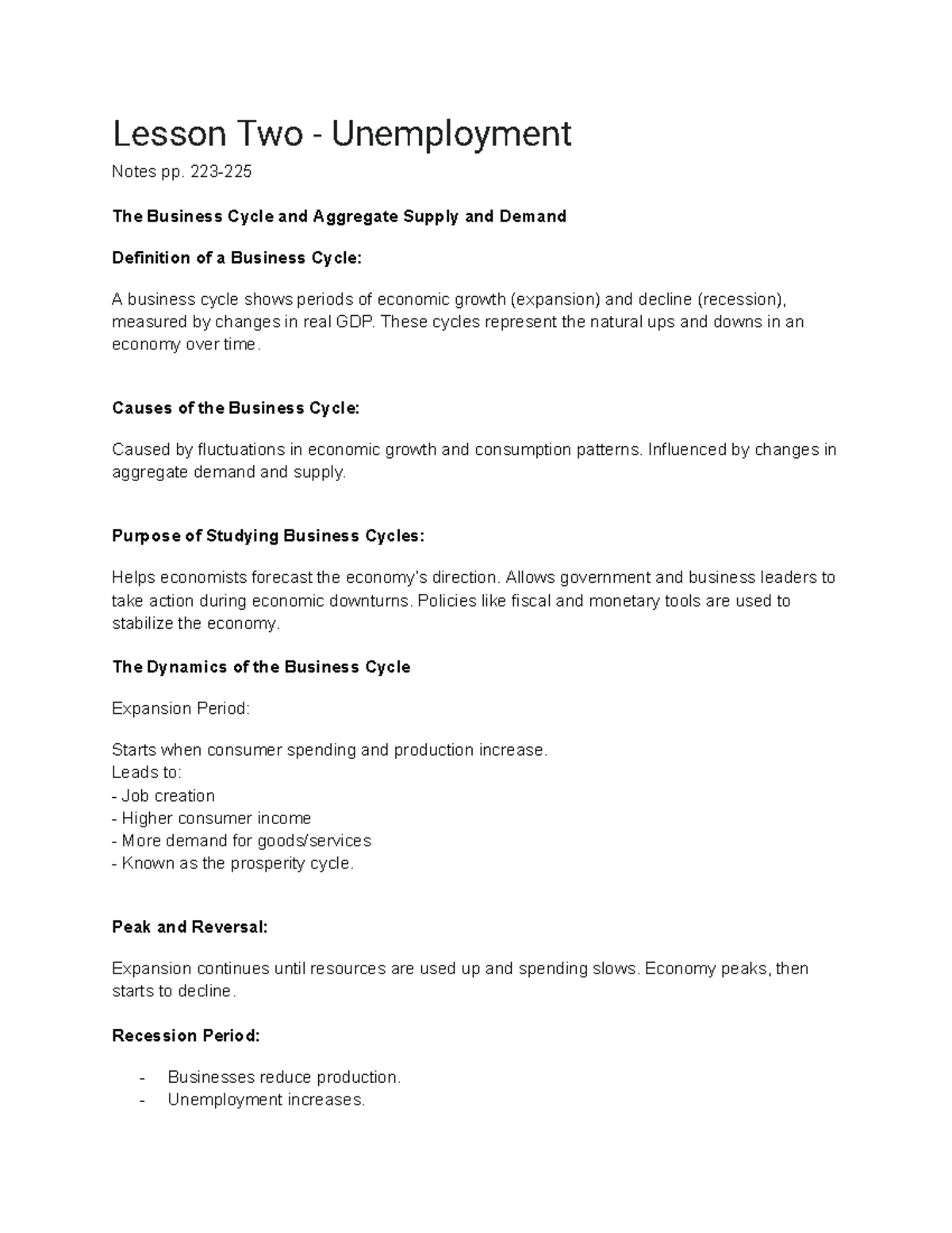 Lesson 2: Unemployment & Business Cycle Insights (ECO 101) - Studocu