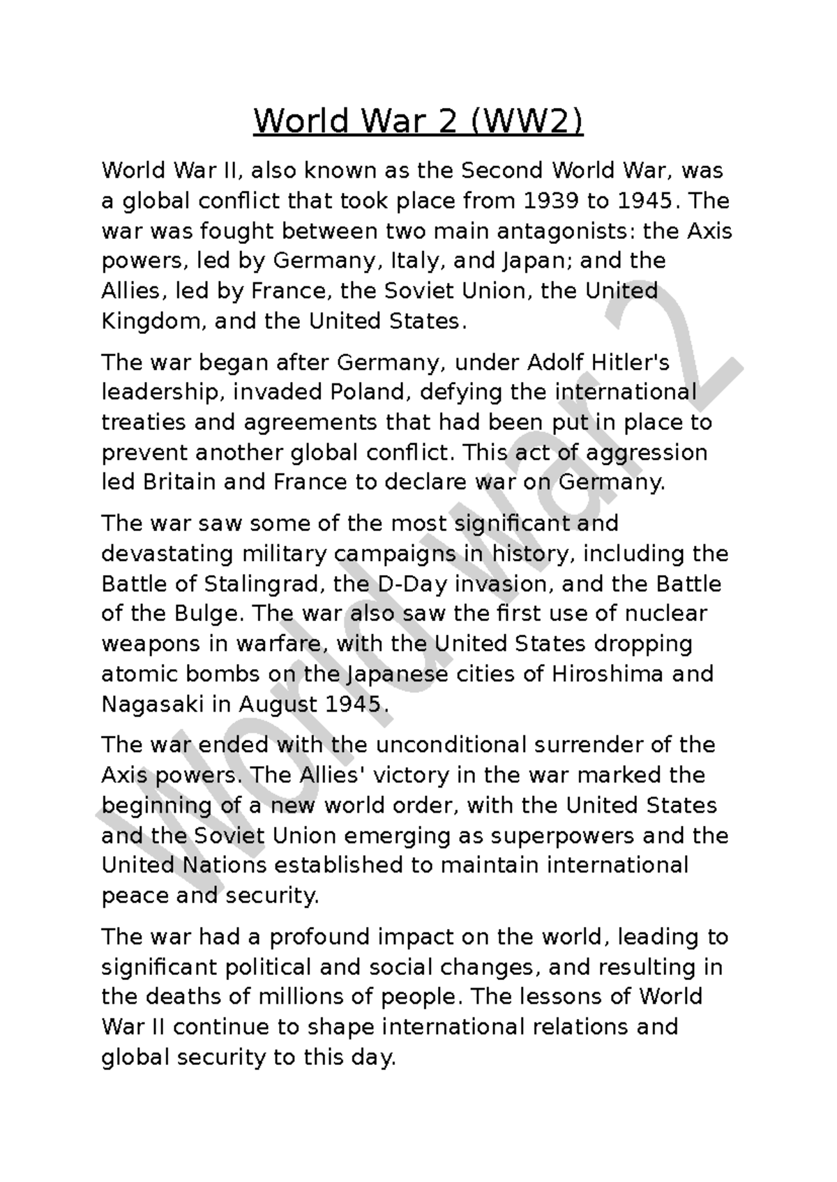 WW2 Overview: Causes, Key Events, and Global Impact - Studocu
