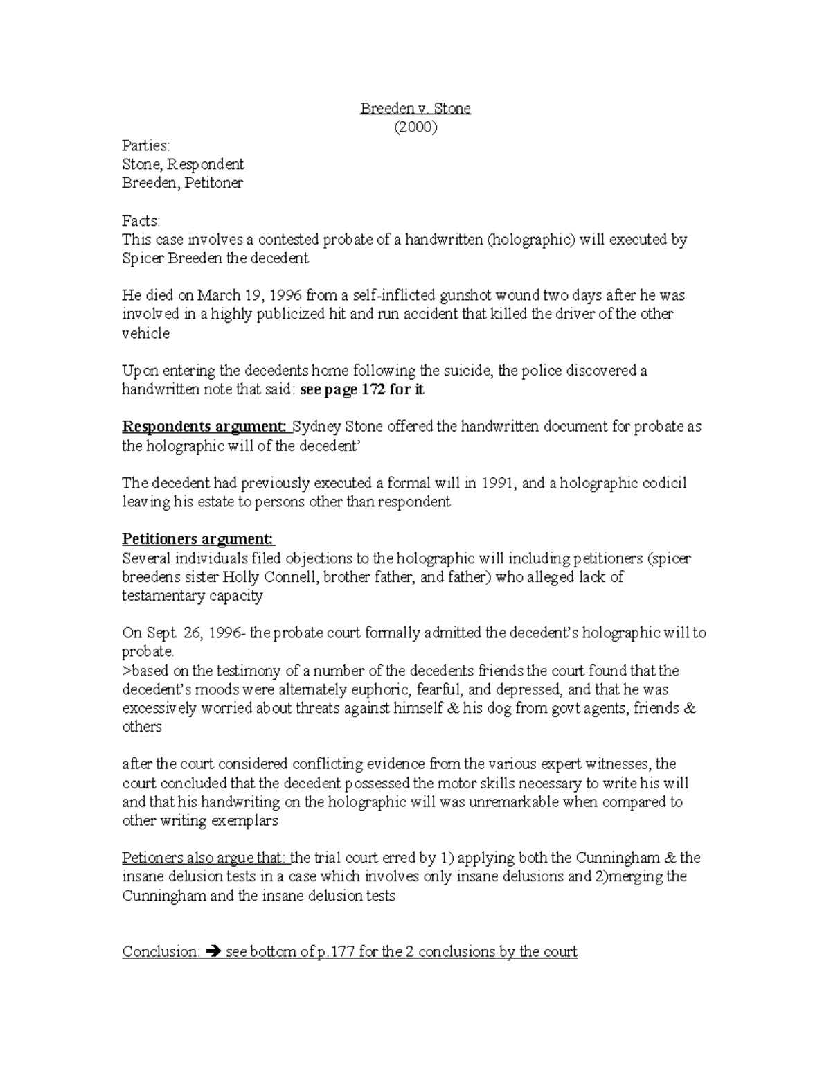 Breedon v. Stone - Case brief - Breeden v. Stone (2000) Parties: Stone ...