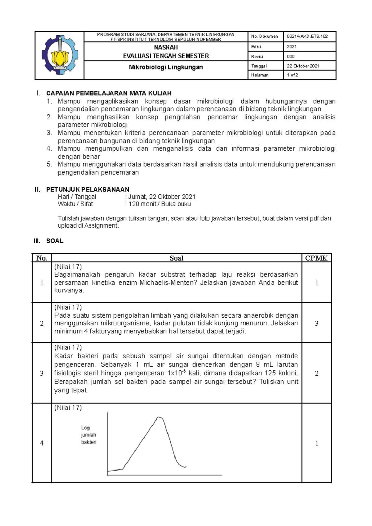 Soal UTS Mikrobiologi Lingkungan 2021 - Evaluation Midterm Exam - Studocu
