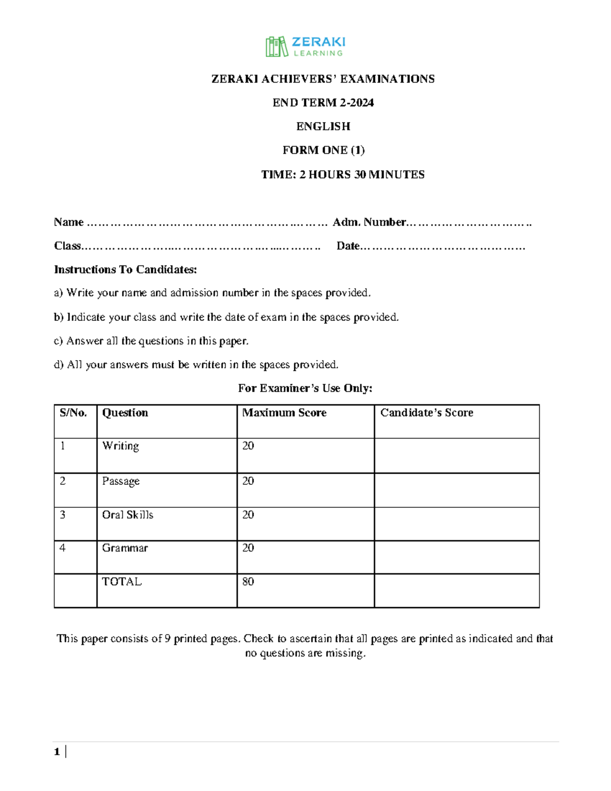 English - Final Exam - Question Paper - Form 1 - End Term 2, 2024 - Studocu