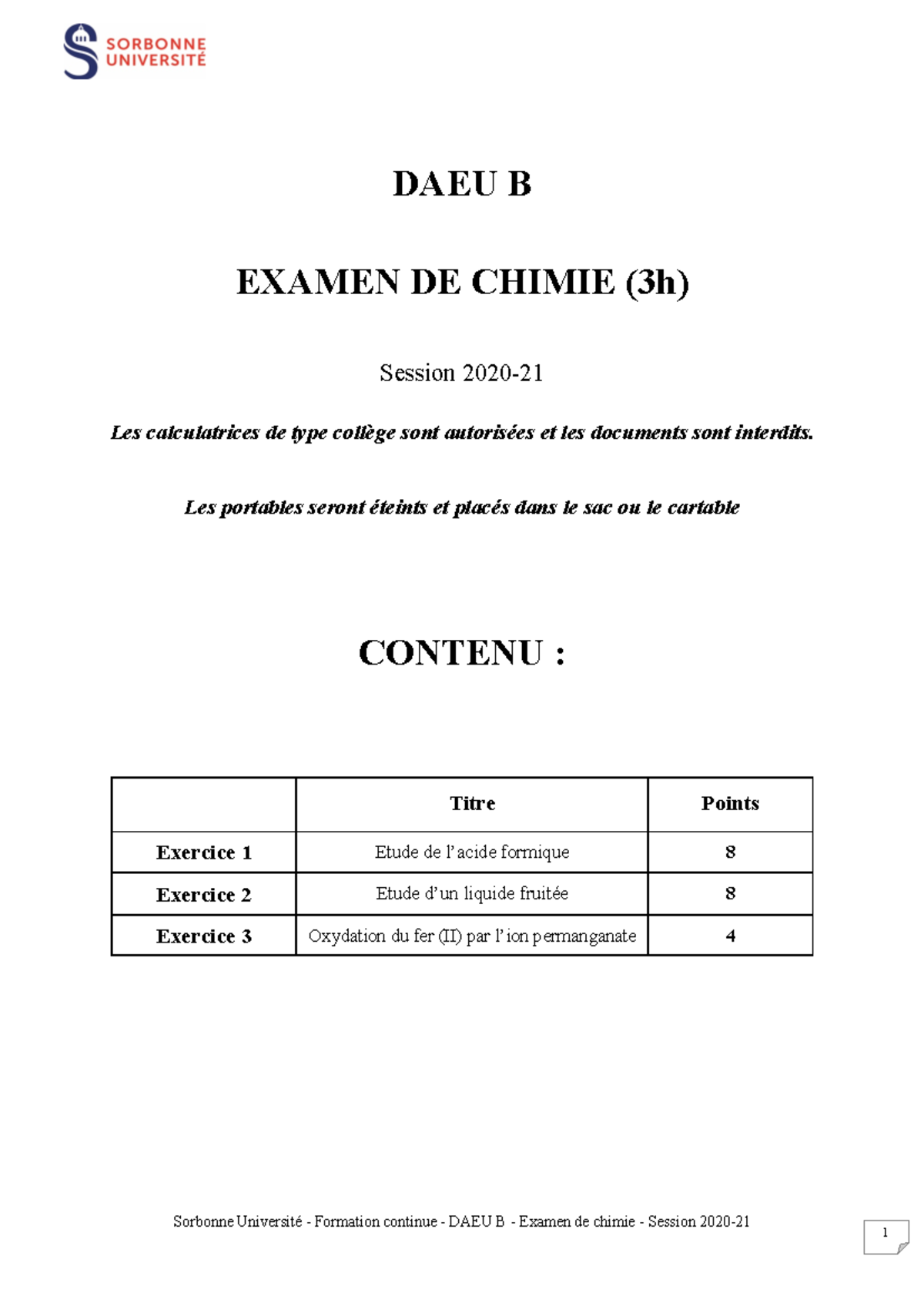 Examen Chimie 2021 DAEU B - Sorbonne Université - Formation continue ...