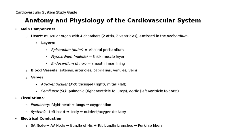 Cardiovascular System Study Guide: Anatomy & Physiology Overview - Studocu