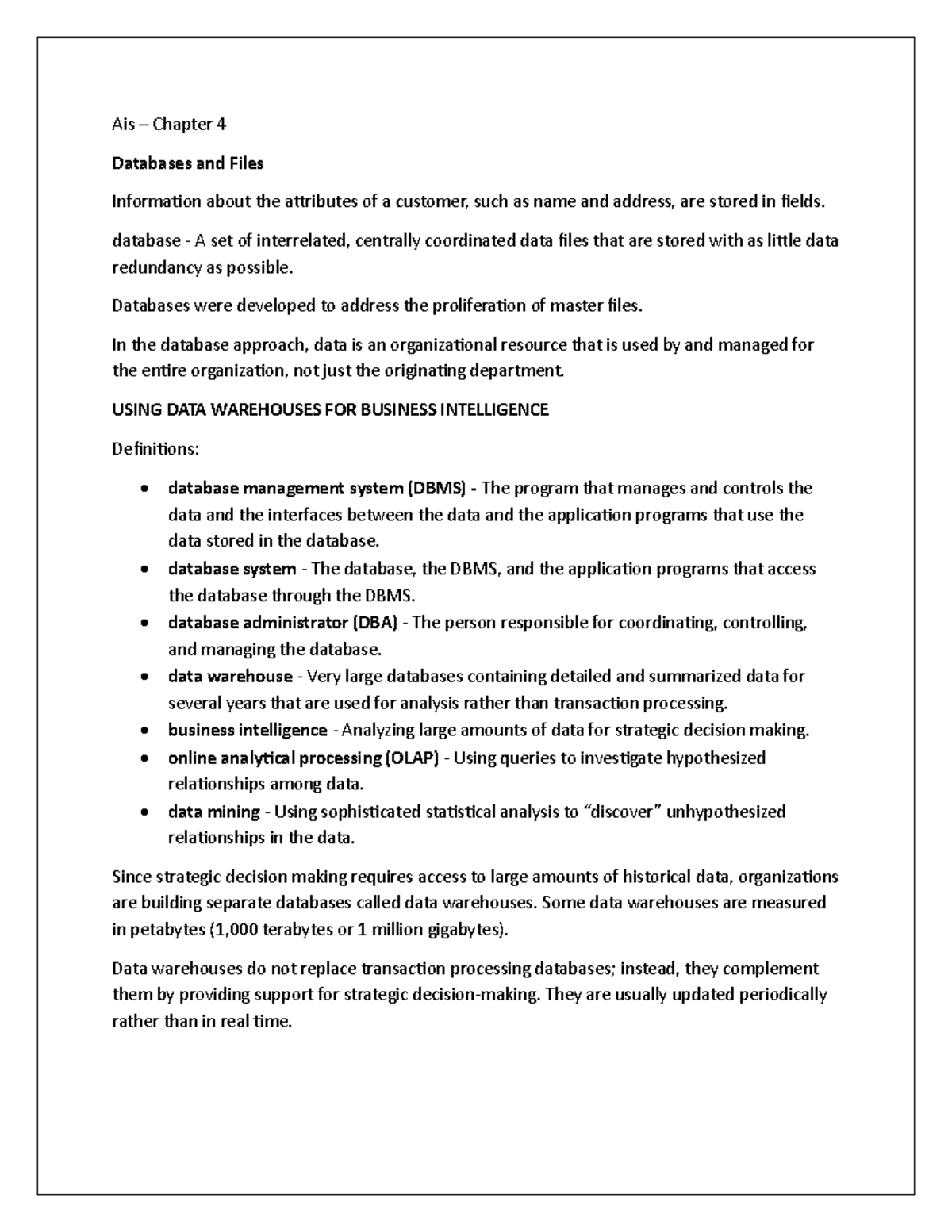 AIS Chapter 4 & 12: Databases, Files, and Revenue Cycle Insights - Studocu