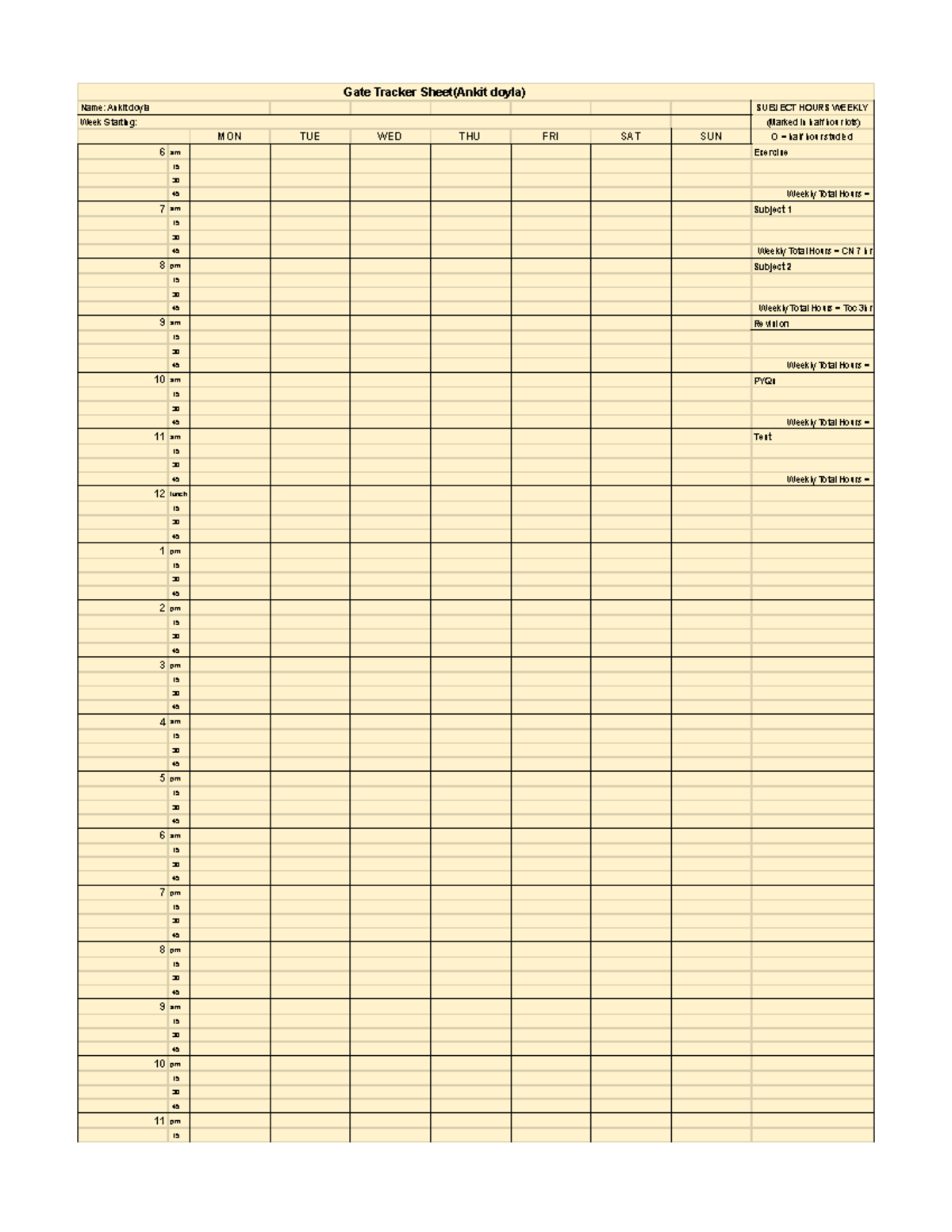 GATE Tracker Sheet for Study Hours and Revision by Ankit Doyla - Studocu