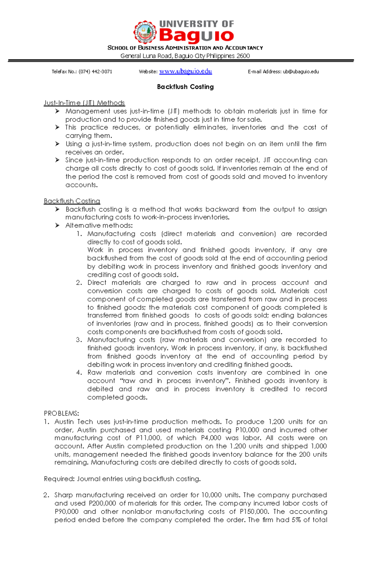 Backflush costing with answers free - SCHOOL OF BUSINESS ADMINISTRATION ...