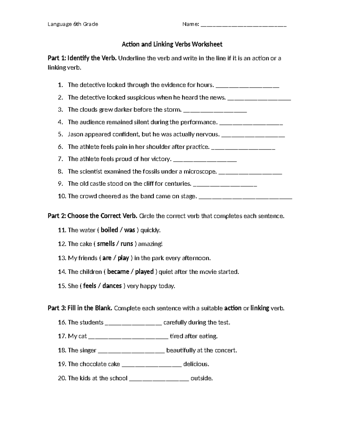 6th Grade Language: Action and Linking Verbs Worksheet - Studocu