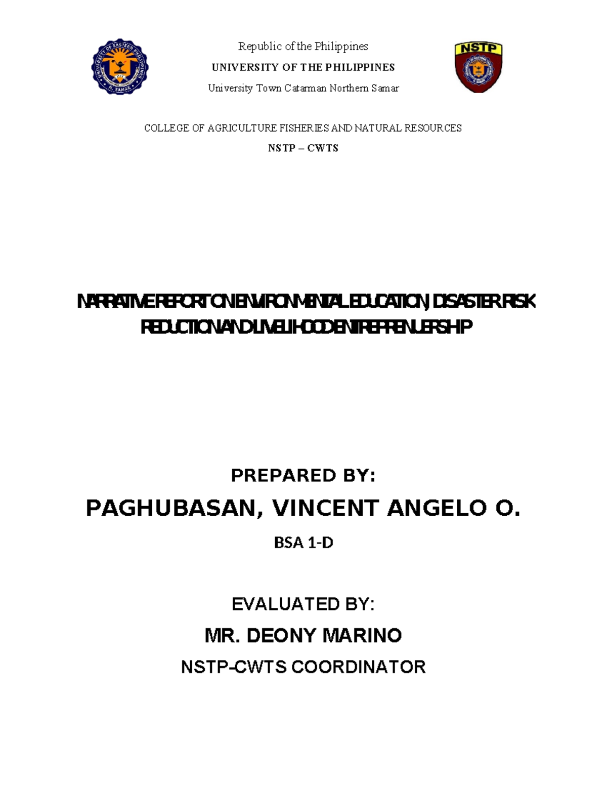 Narrative Report on Environmental Education - NSTP-CWTS 1-D - Studocu