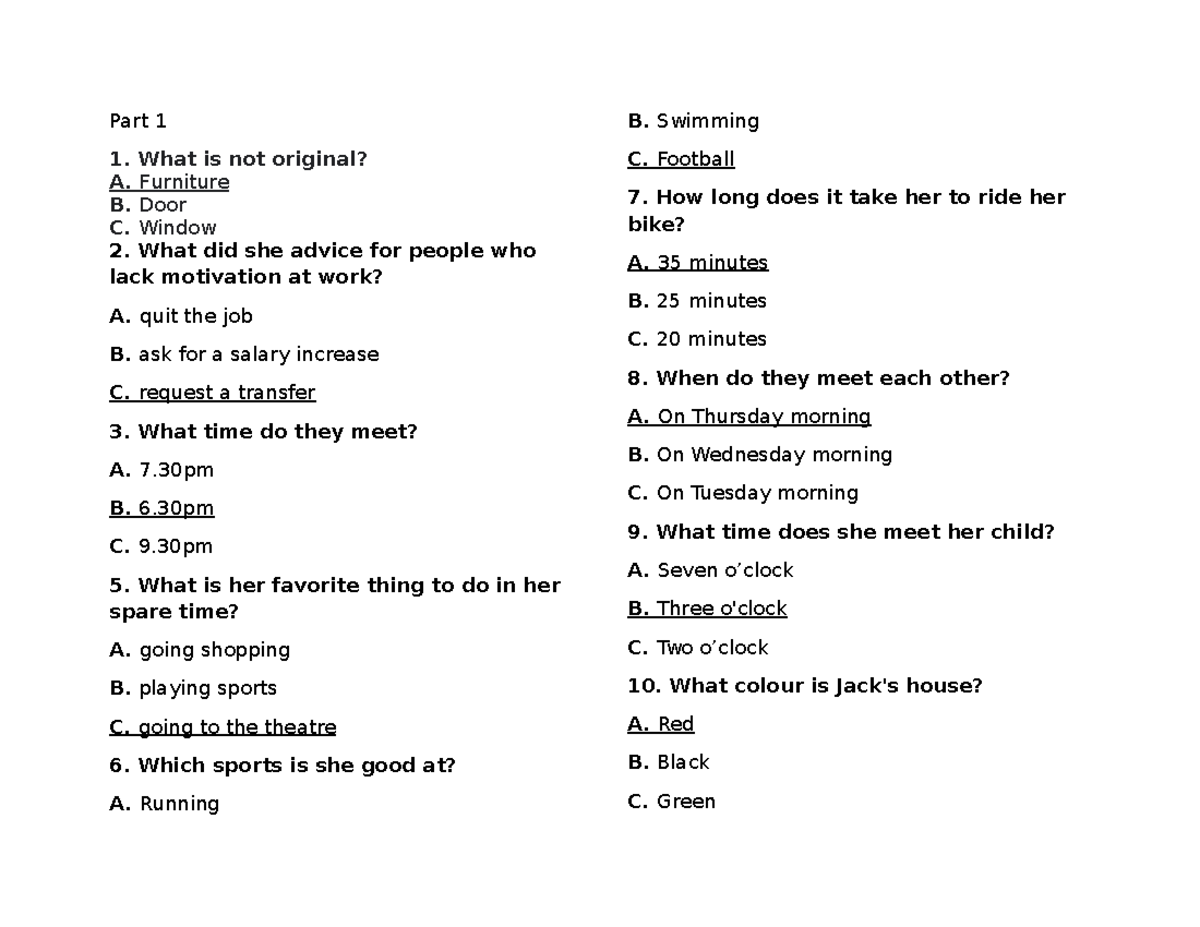 Part 1 Listening - Practice Questions and Answers (p1-listening) - Studocu