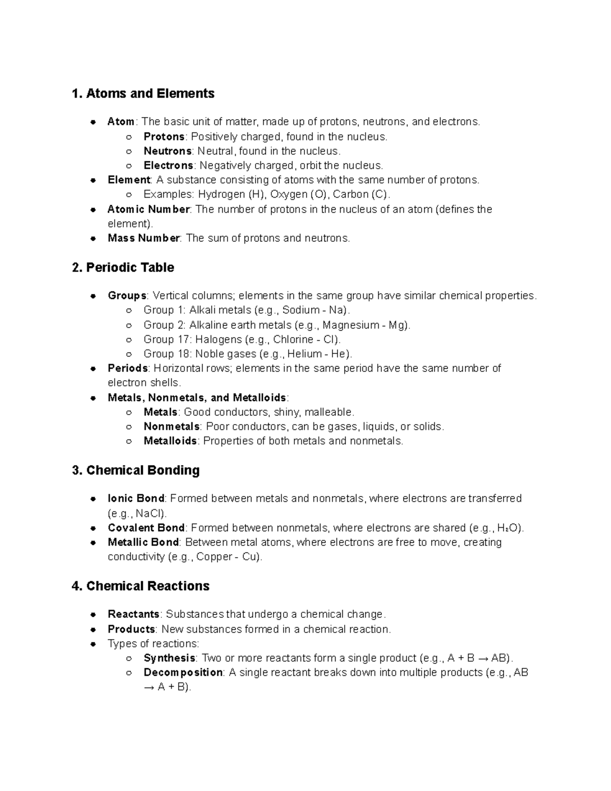 Chem Notes - Outline - 1. Atoms and Elements Atom: The basic unit of ...