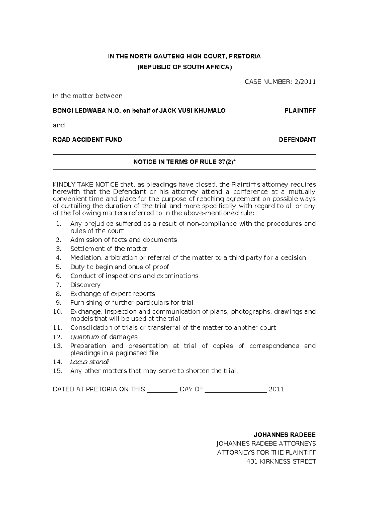 PP HC18 Rule 37 - High Court Notice for Trial Conference - Studocu