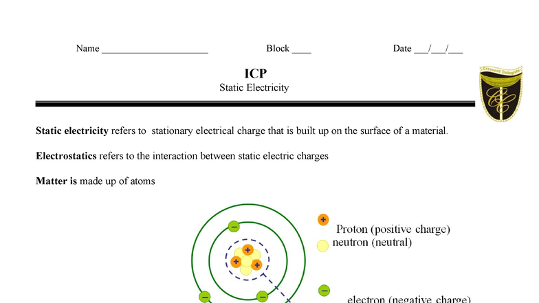 Static Electricity Worksheet - ICP 101 - Studocu