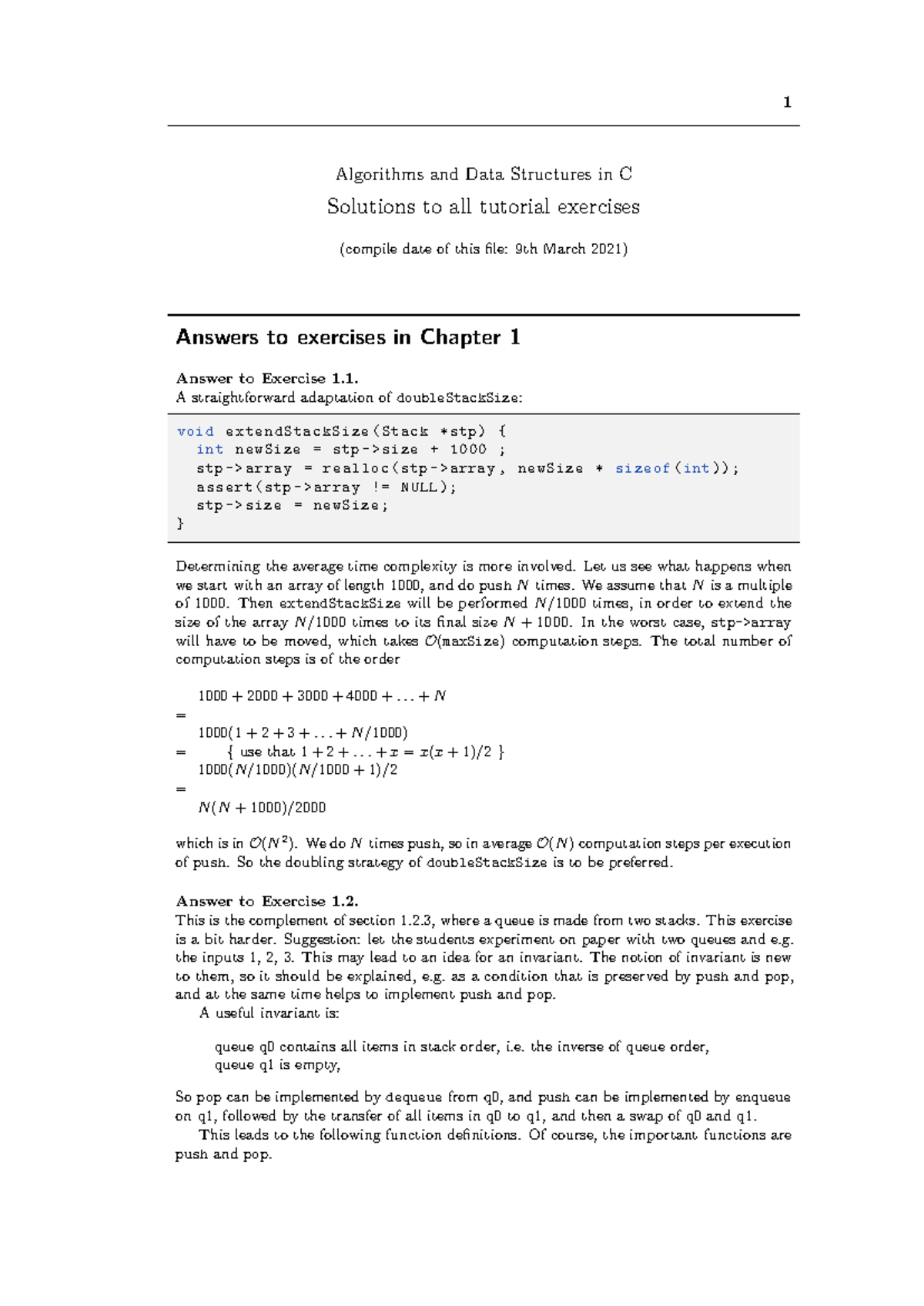 Solutions to C Algorithms - Chapter 1 Exercise Answers - Studeersnel