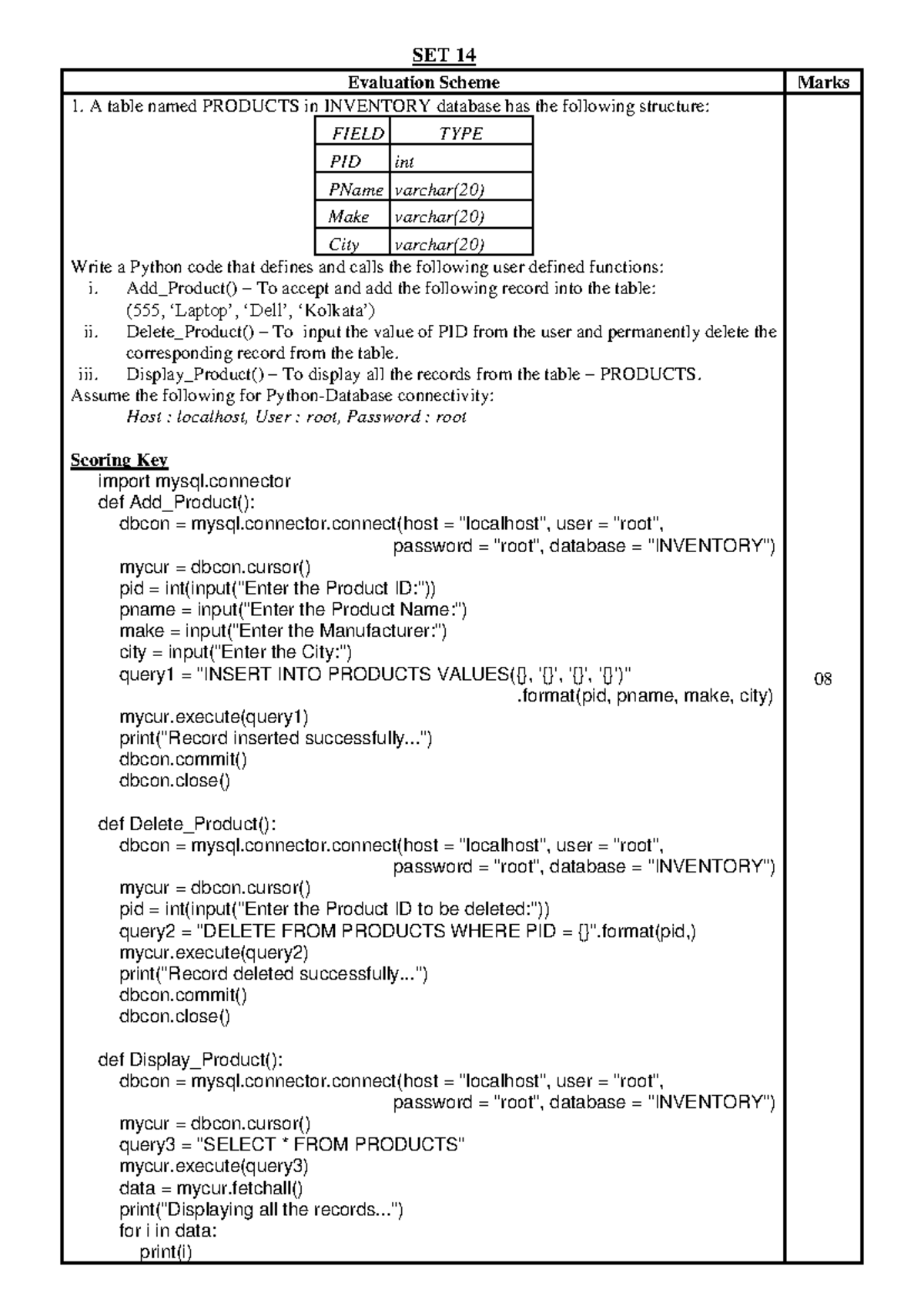 SET 14 Evaluation Scheme: Python & SQL Practical File - Studocu