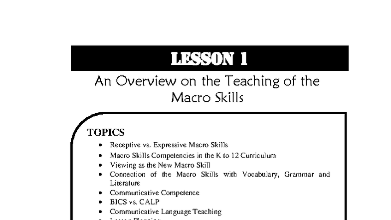 Lesson 1: Overview of Teaching Macro Skills in K to 12 Curriculum - Studocu