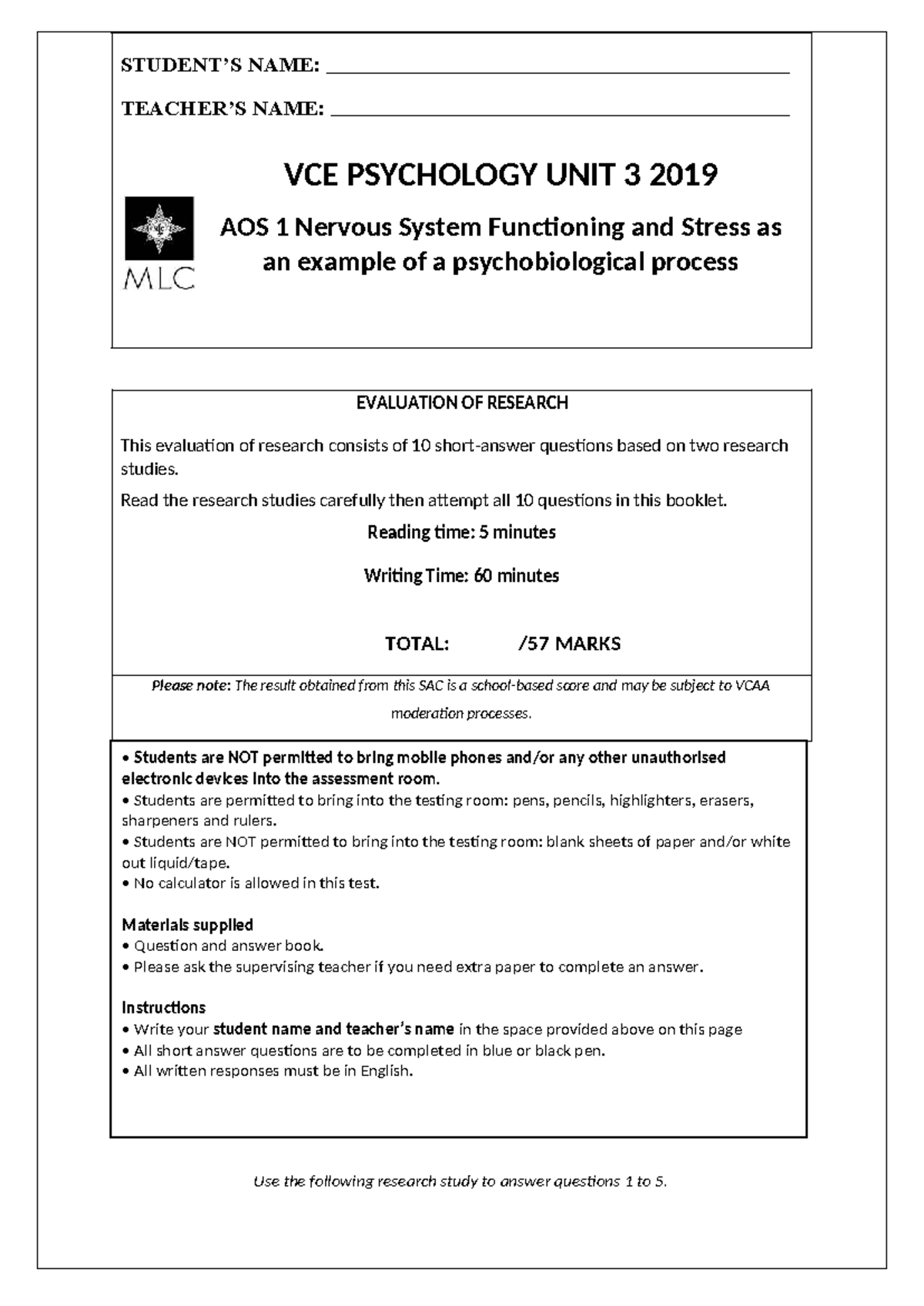VCE PSYCHOLOGY UNIT 3 2019 AOS 1: Nervous System & Stress Evaluation ...