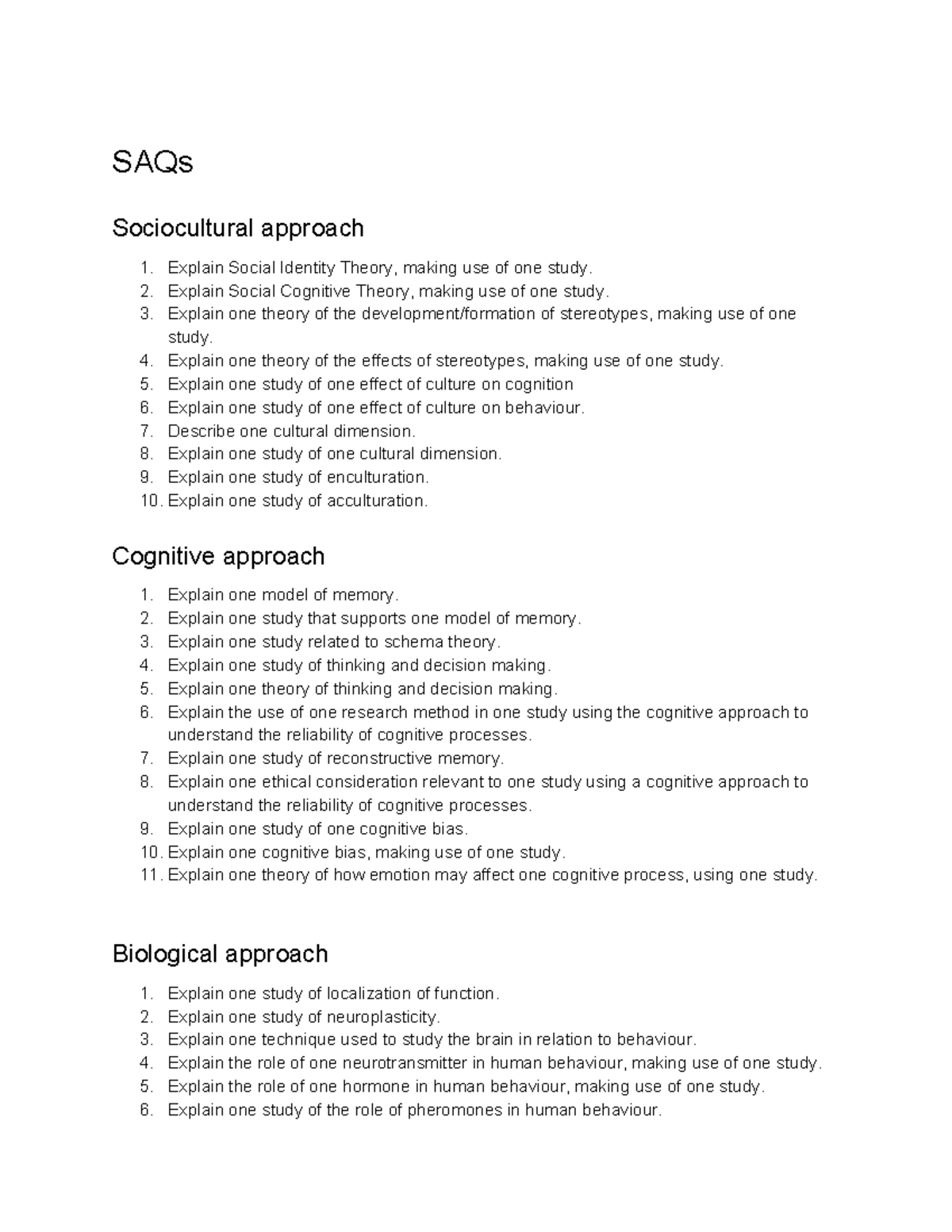 Saqs and erqs full list - all possible ib psychology sl paper 1 ...