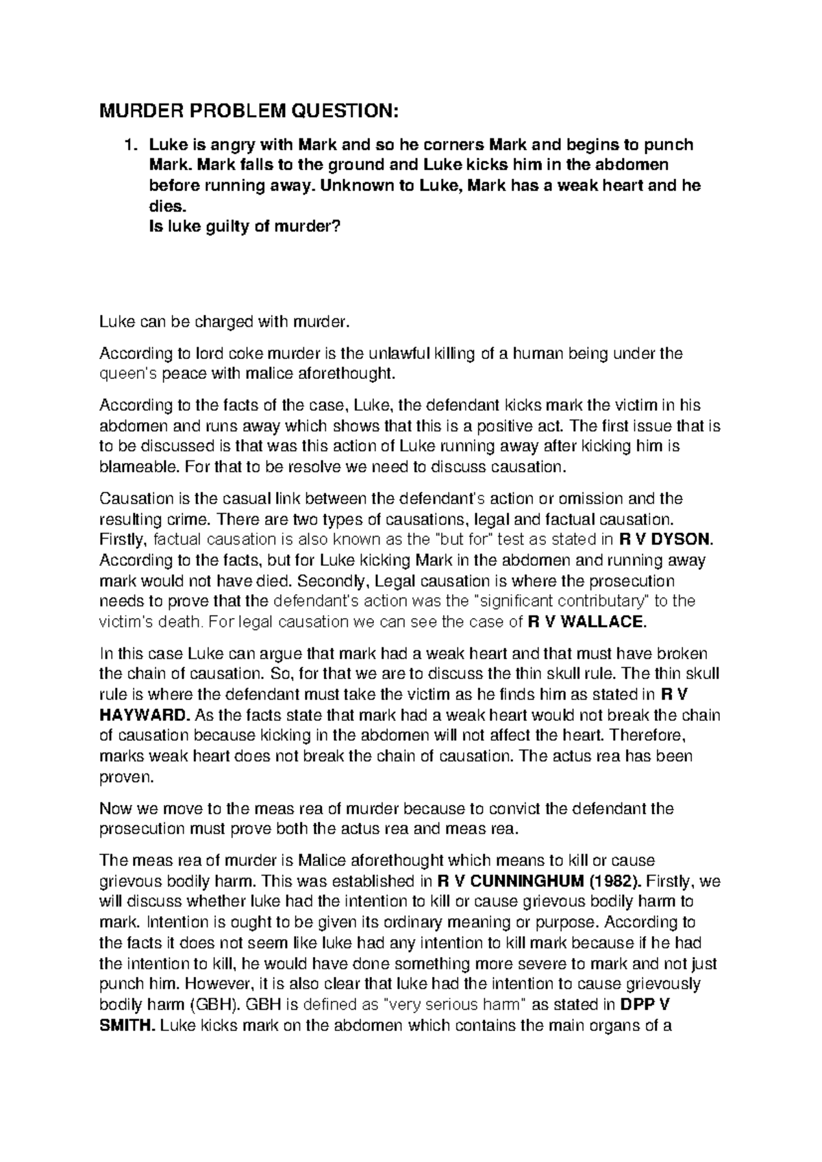 Criminal Law Case Analysis: Murder Problem Questions - Studocu