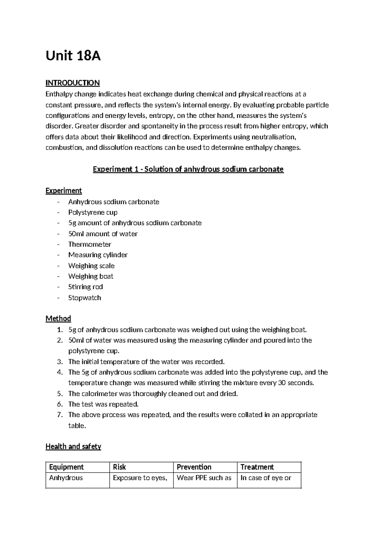 Unit 18A - Enthalpy Changes and Calorimetry Experiments - Studocu