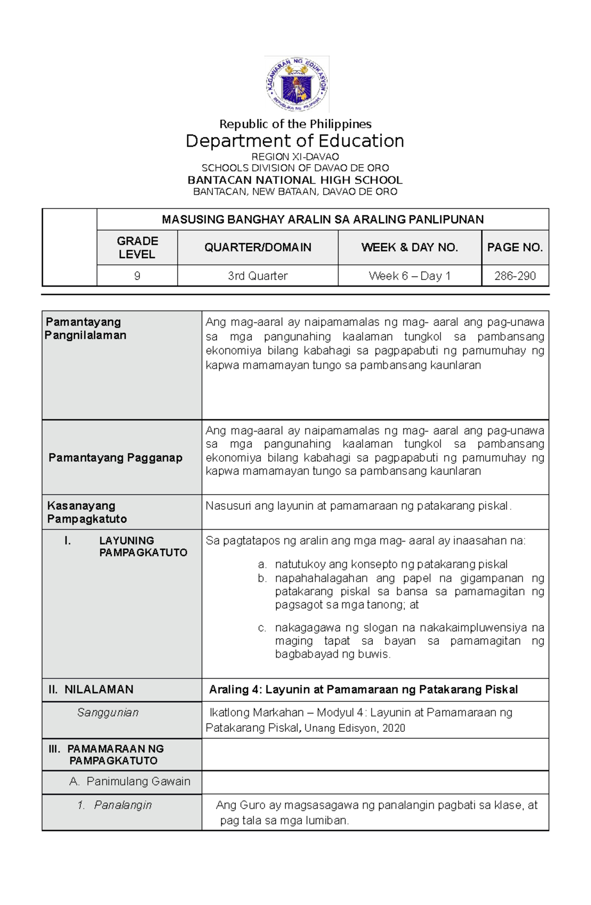 AP 9 Masusing Banghay Aralin sa Patakarang Piskal - 3rd Quarter - Studocu