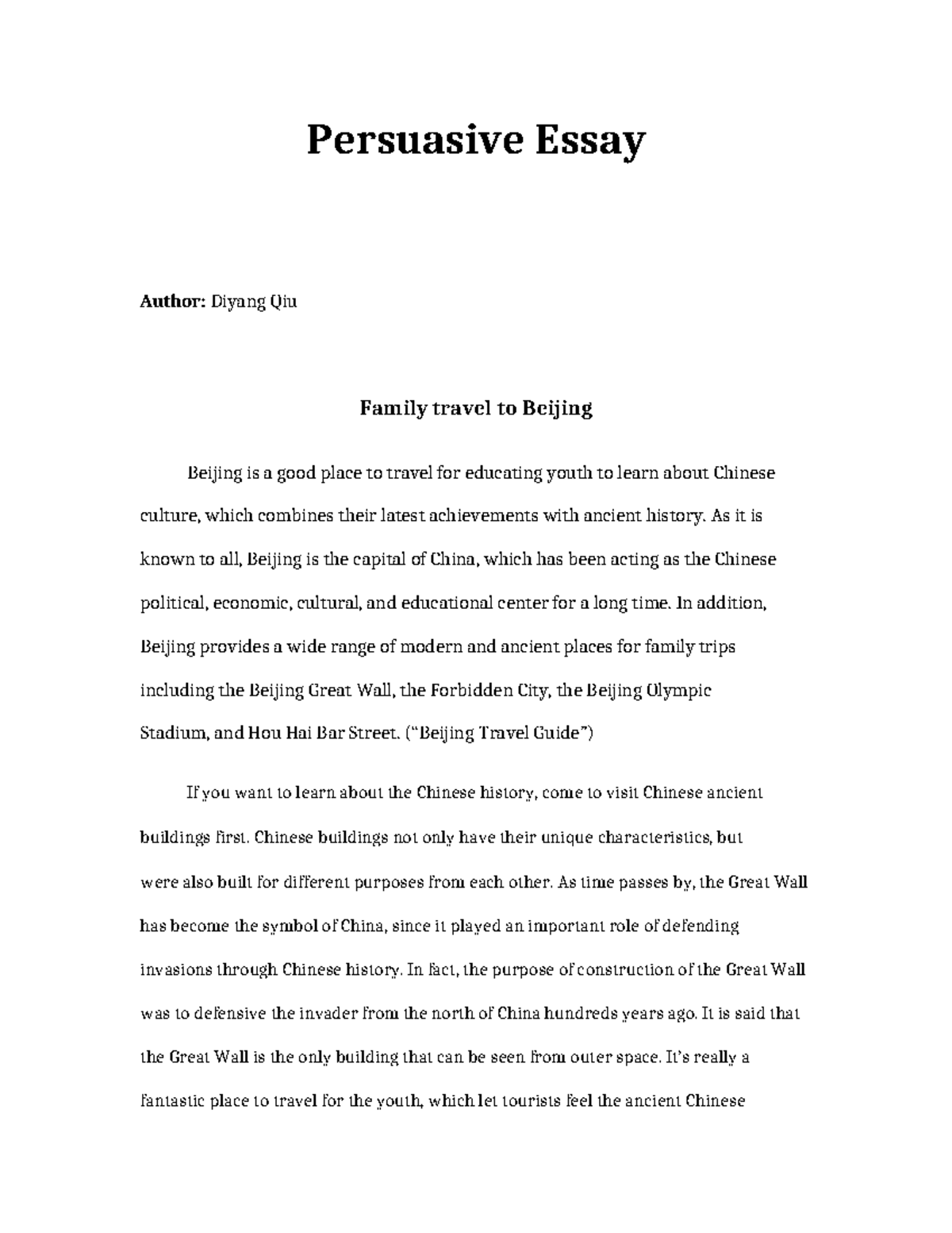 Persuasive Essay on Family Travel to Beijing: Culture & Adventure - Studocu