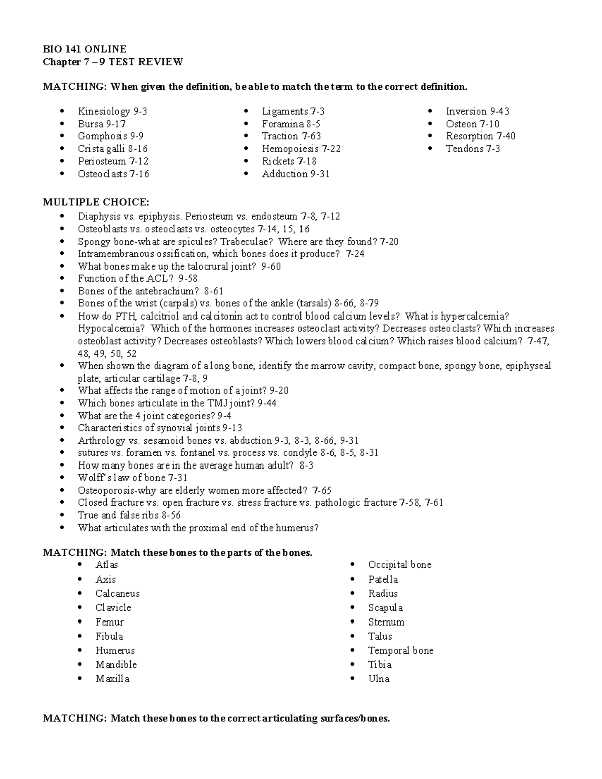 BIO 141 ONLINE Chapter 7-9 Test Review: Anatomy & Terminology - Studocu