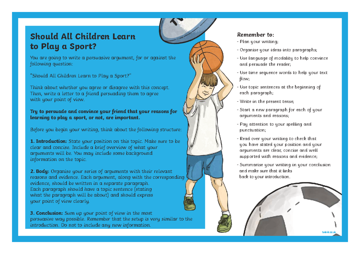 Au-t2-e-833 Year 5 Persuasive Writing: Should Kids Play Sports? - Studocu