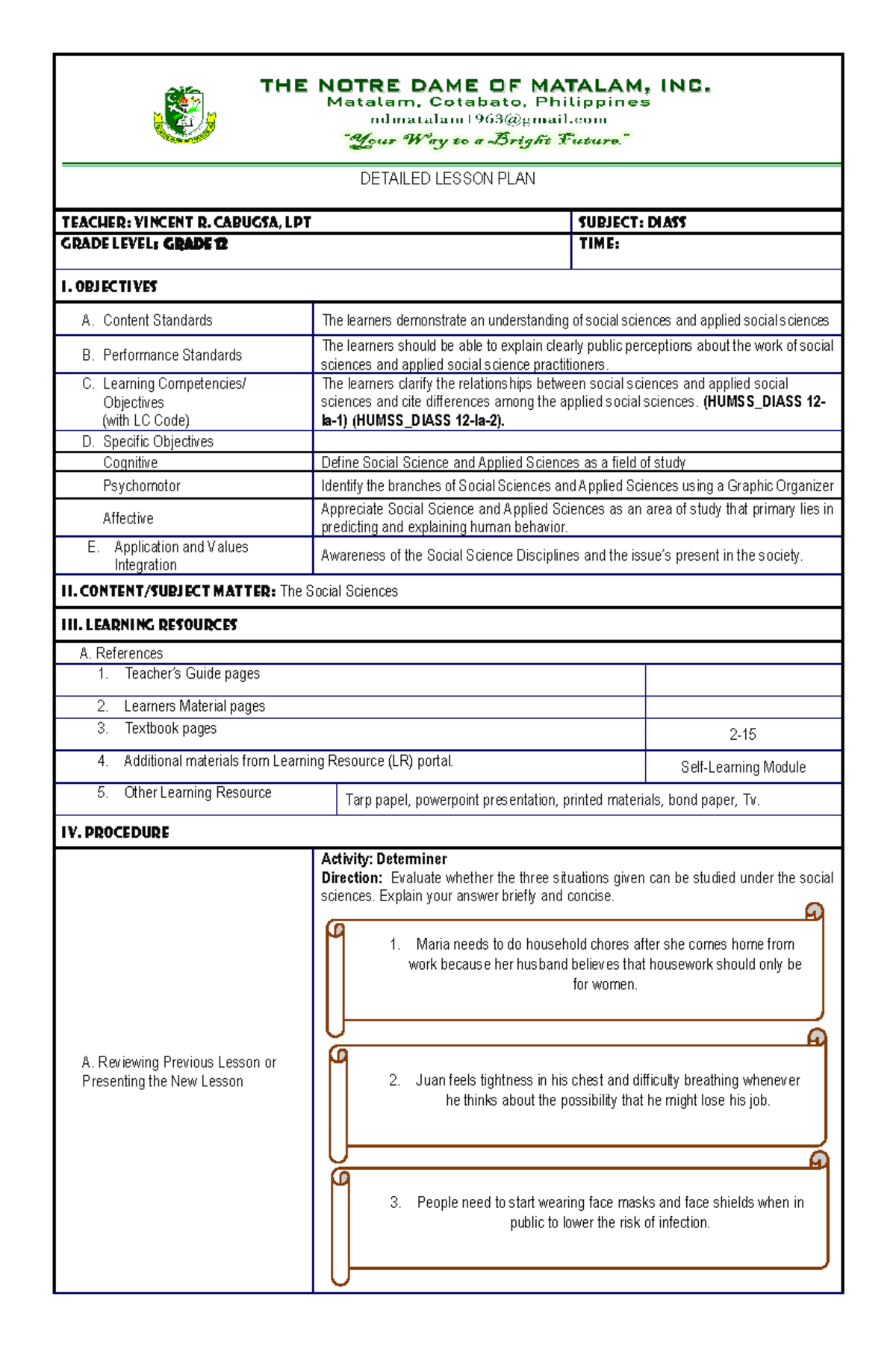 LP-Unit 1: Lesson Plan on Social Sciences & Applied Social Sciences ...