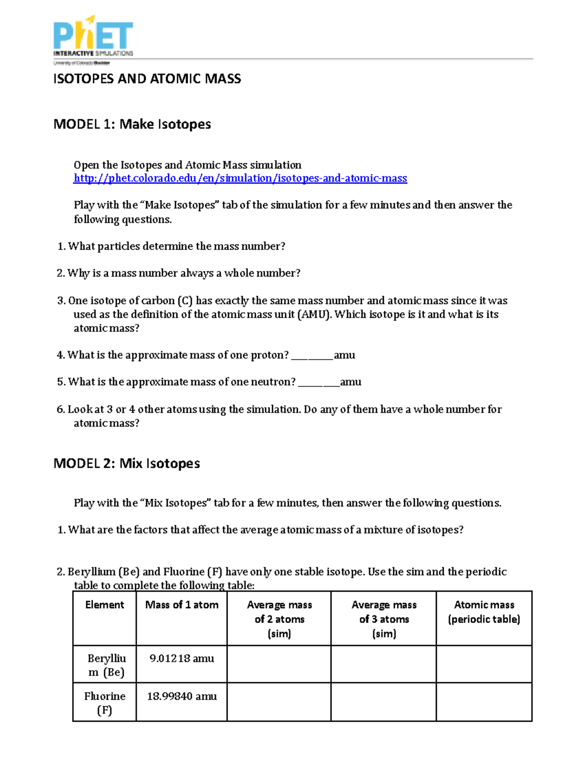 Isotopes Atomic-Mass Guided-Inquiry Student Handout - ISOTOPES AND ...