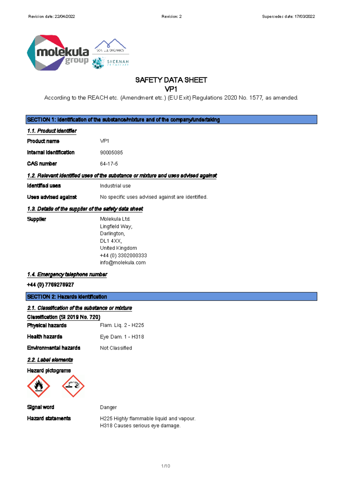 Safety Data Sheet for VP Reagent (Flammable Liquid, Eye Dam. 1 ...