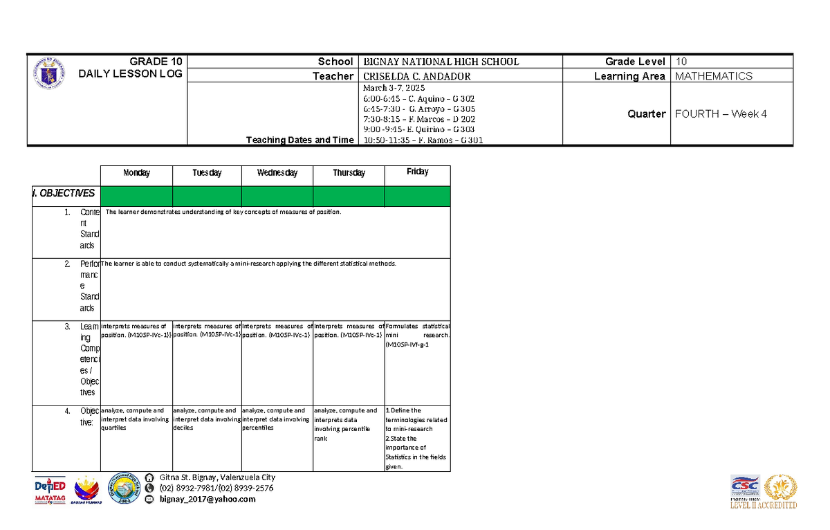DLL Q4 W4: Daily Lesson Log for Grade 10 Mathematics on Statistics ...