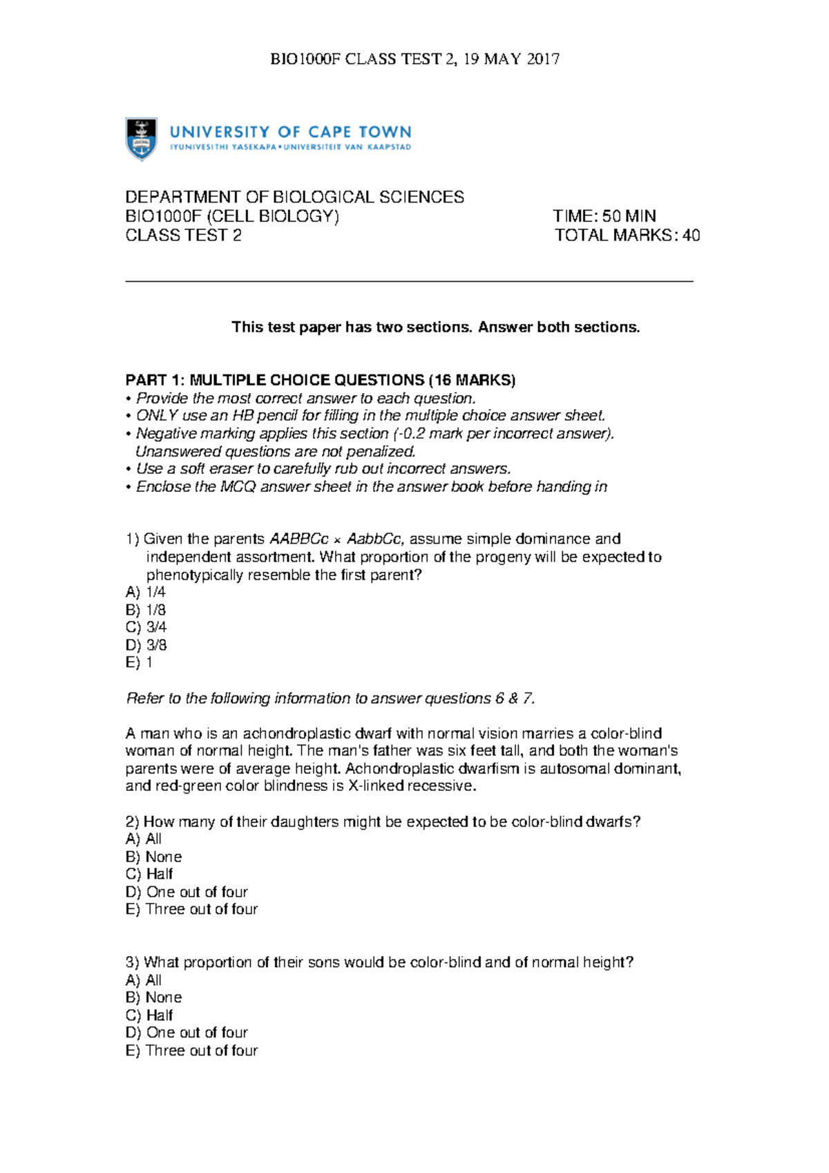 BIO1000 F Class Test 2: Cell Biology Exam, May 19, 2017 - Studocu