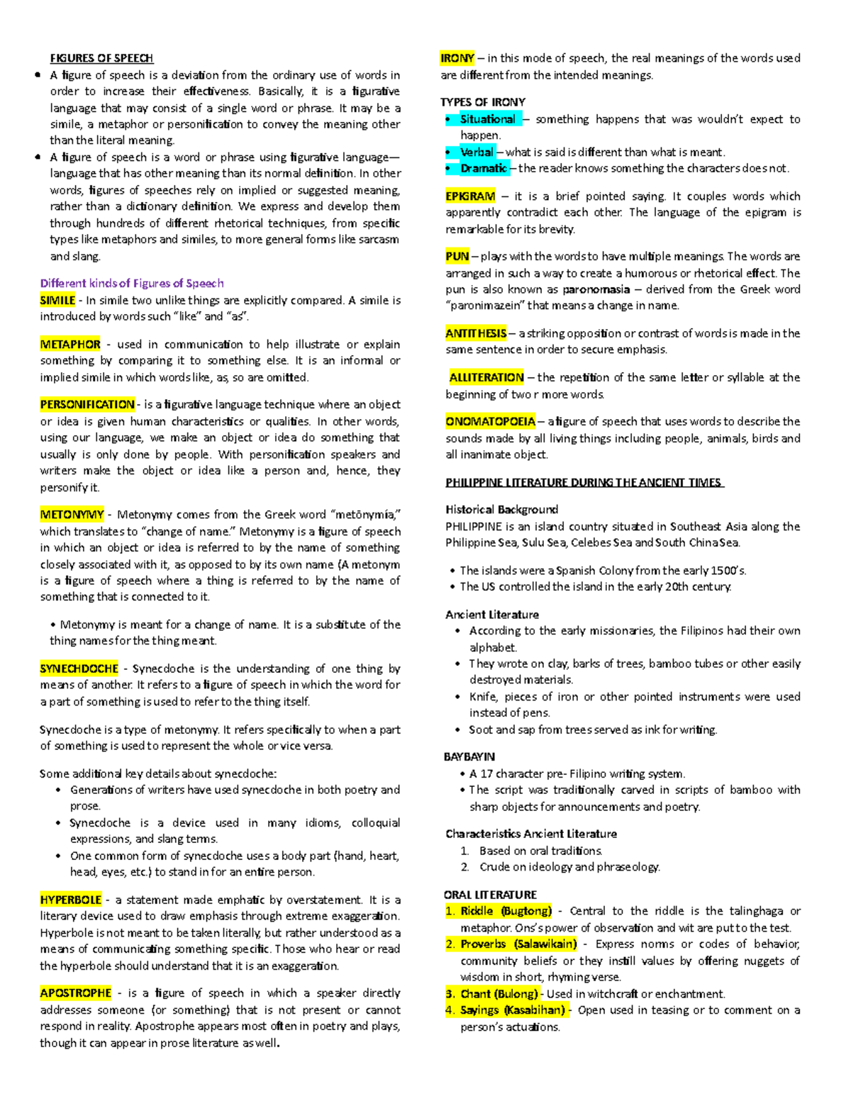 Philippine Literature Notes: Figures of Speech and More (Rev-1) - Studocu