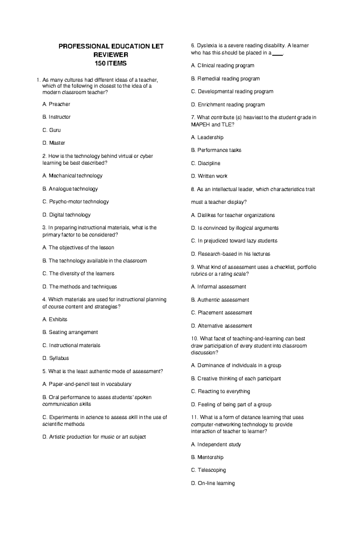 PROF-ED-1: Comprehensive LET Reviewer with 150 Items for 2023 - Studocu