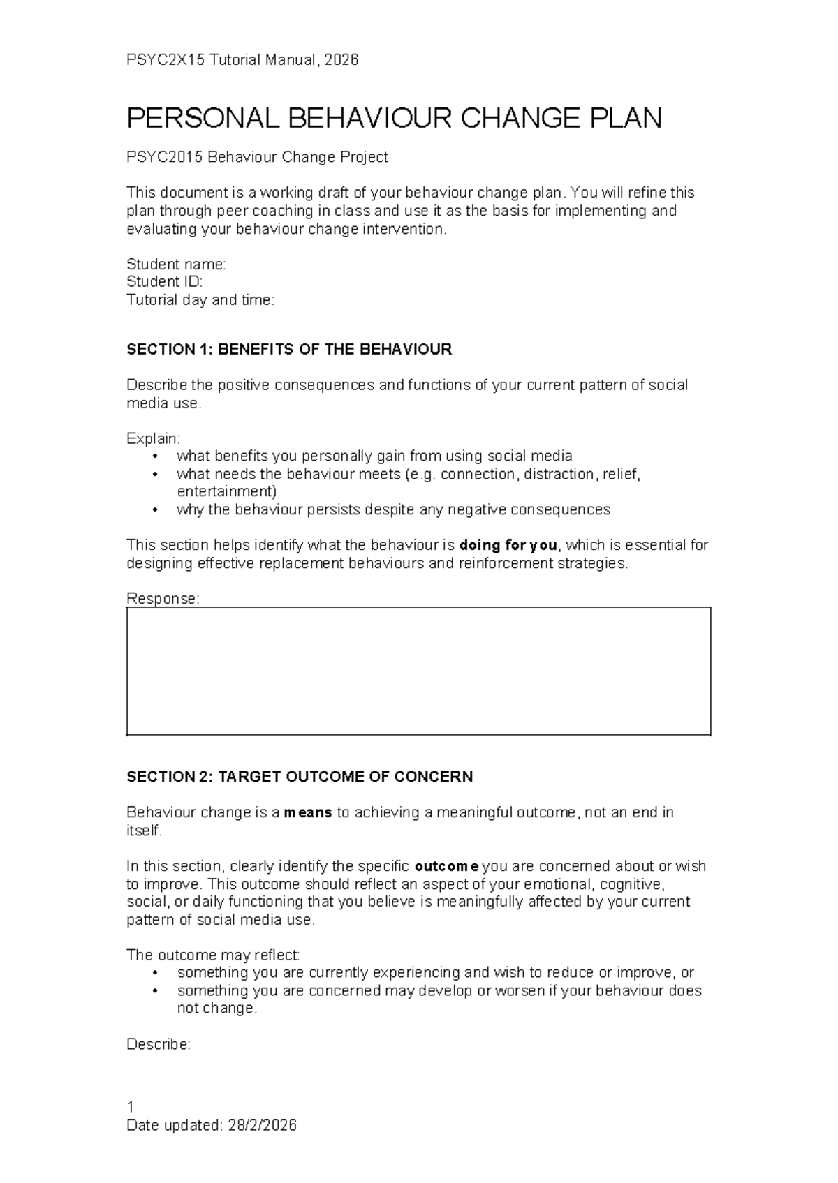 PSYC2015 Behaviour Change Project Plan Template, 2026 - Studocu