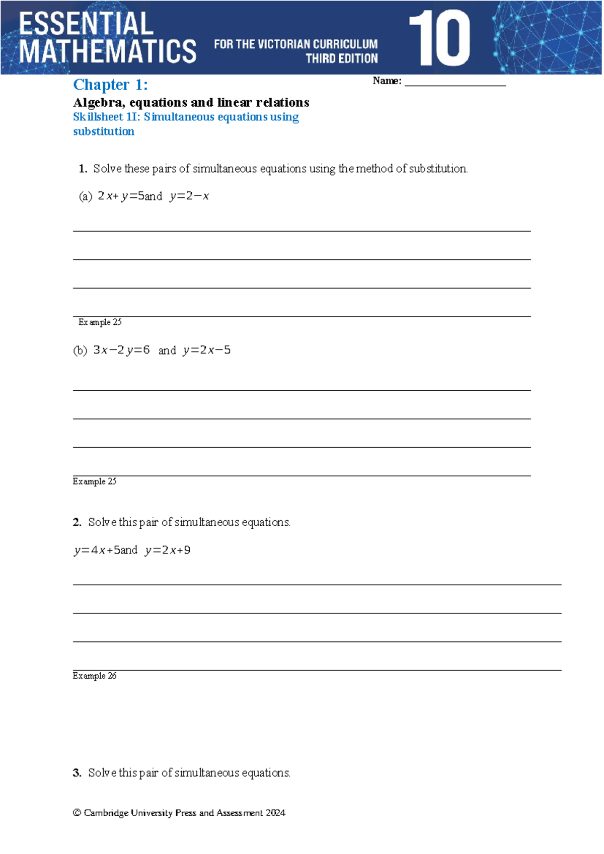 Chapter 1: Algebra Skillsheet 1I - Simultaneous Equations - Studocu