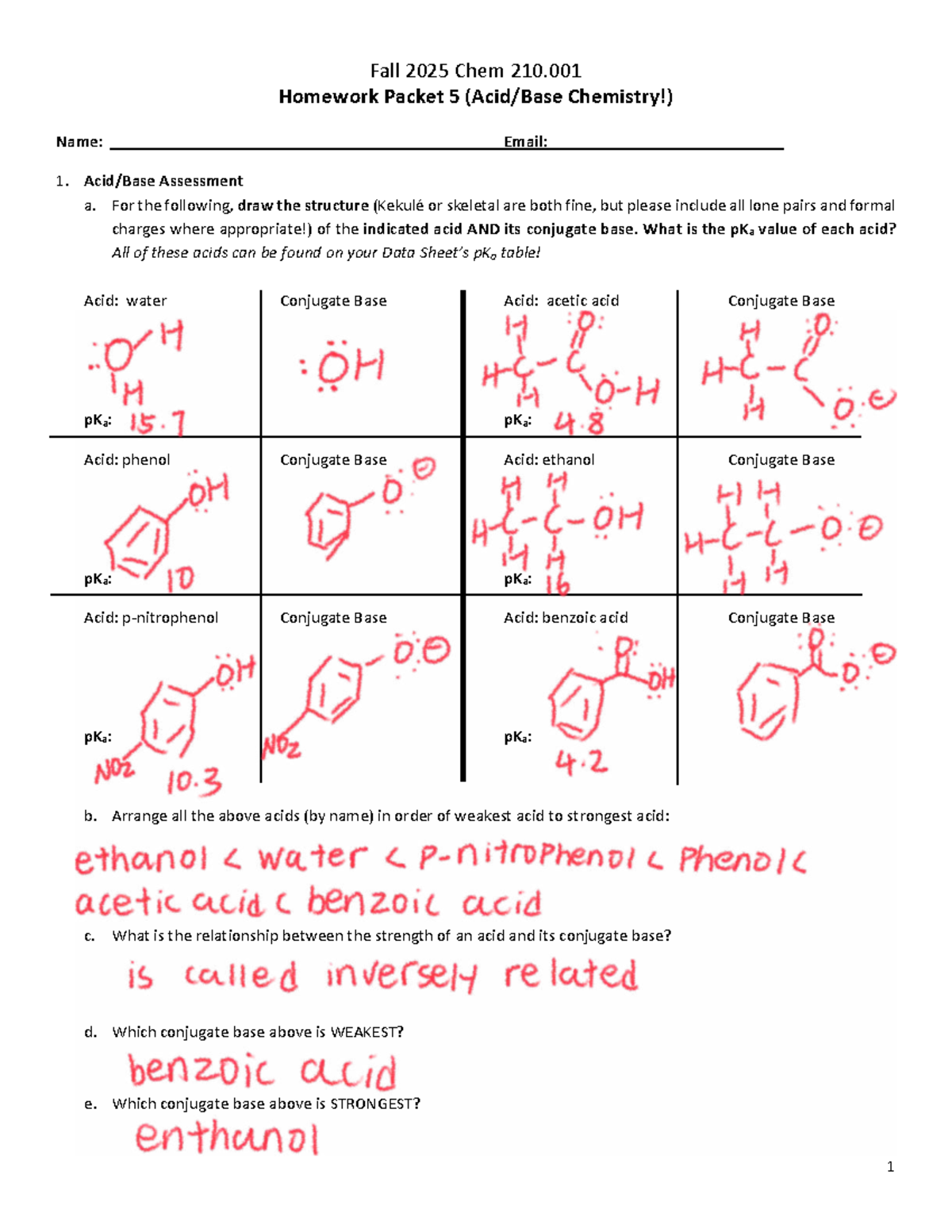 Fall 2025 Chem 210.001 Homework Packet 5: Acid-Base Concepts - Studocu