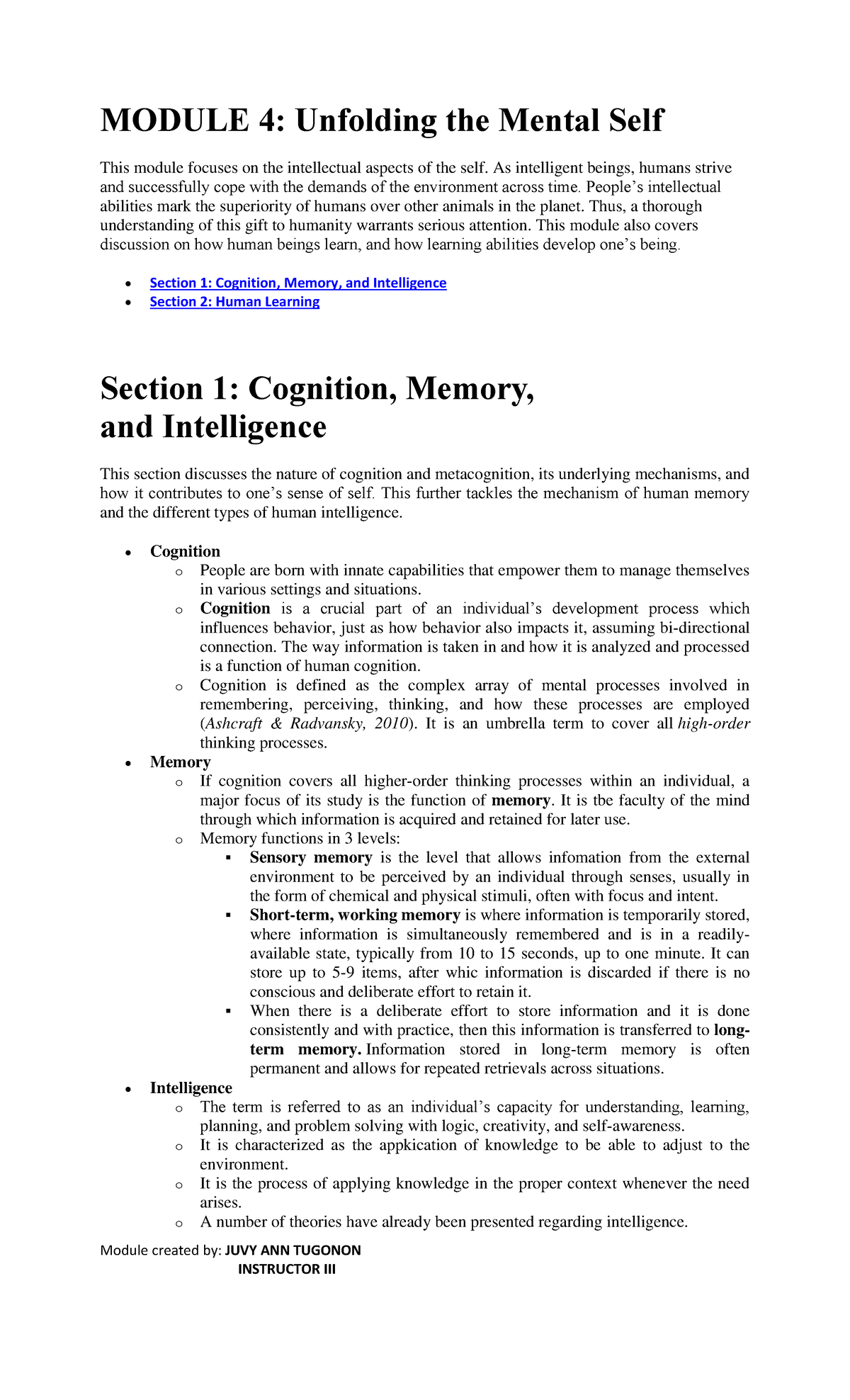 Module 4 Understanding SELF - Module created by: JUVY ANN TUGONON MODULE 4: Unfolding the Mental ...