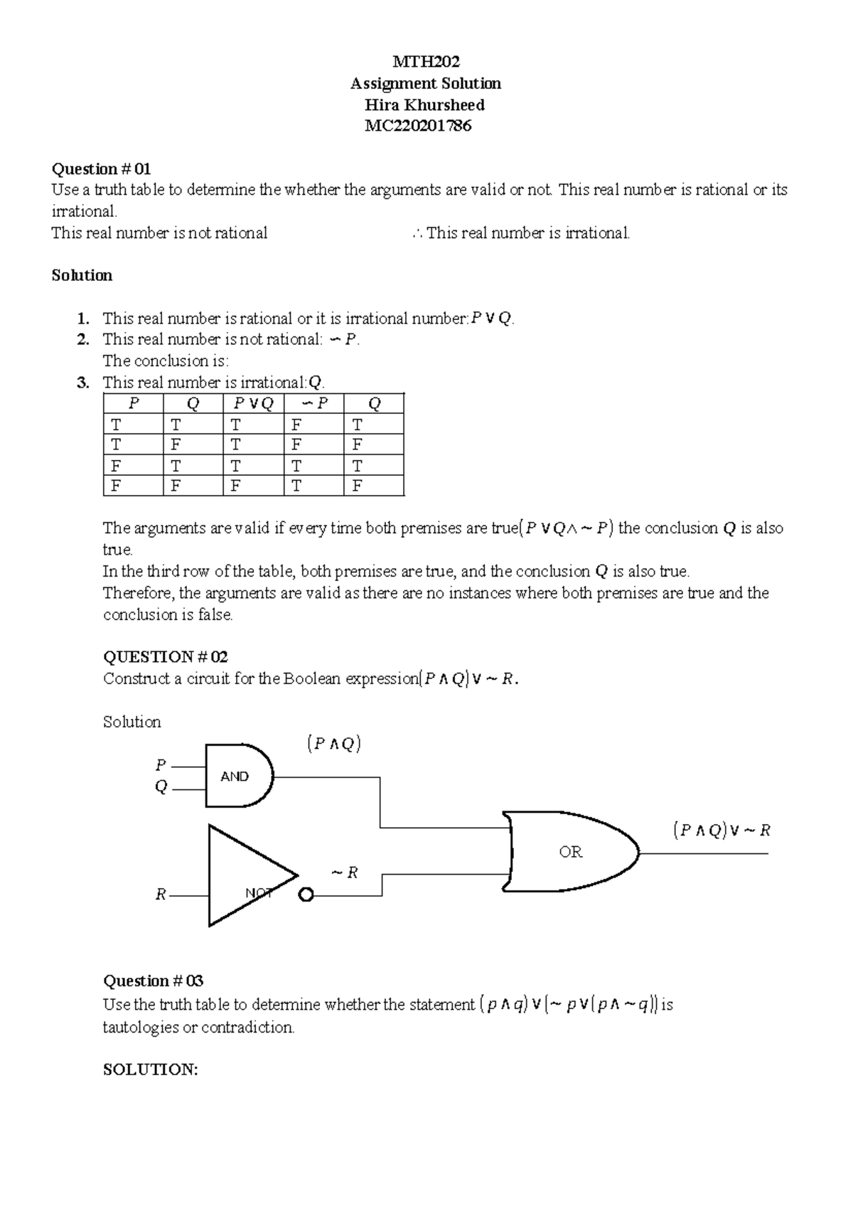Mth202 - MTH Assignment Solution Hira Khursheed MC Question # 01 Use a ...