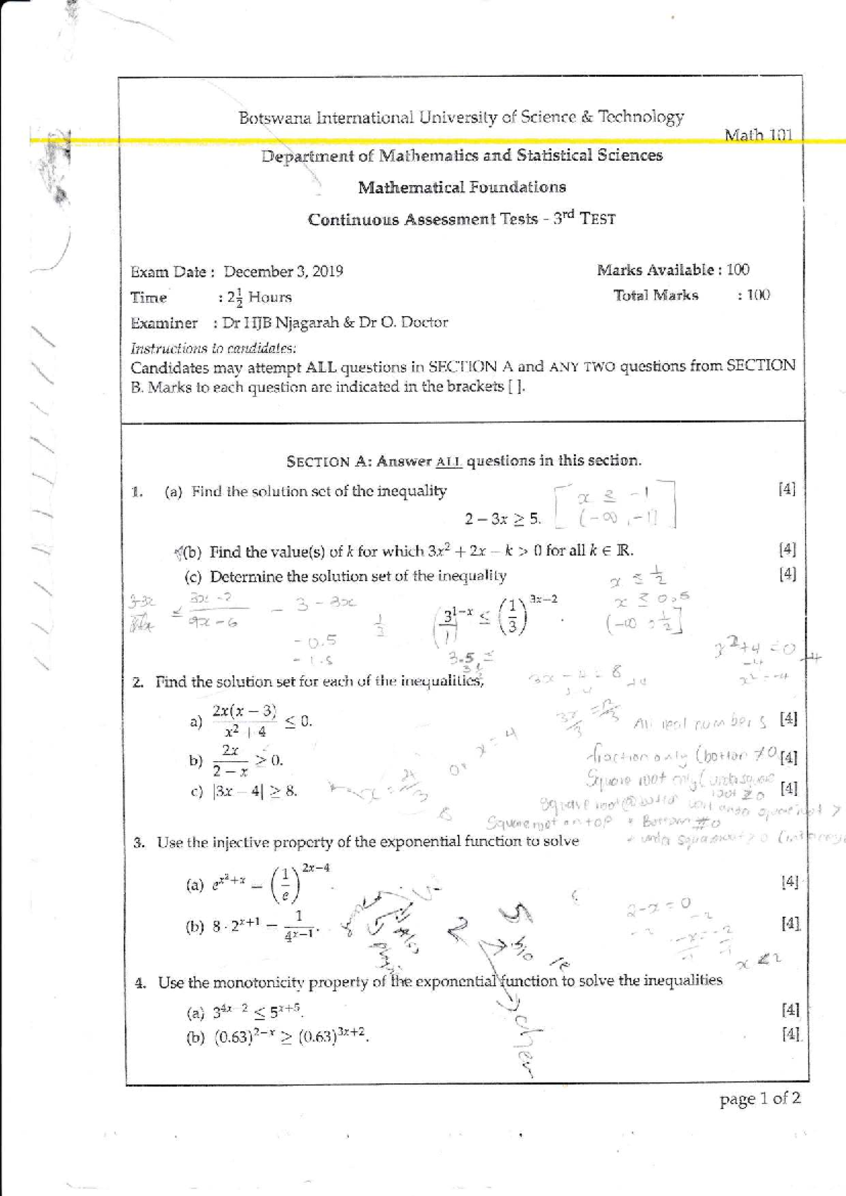 MATH 101 Test 3 - Foundations of Statistics Assessment 2019 - Studocu