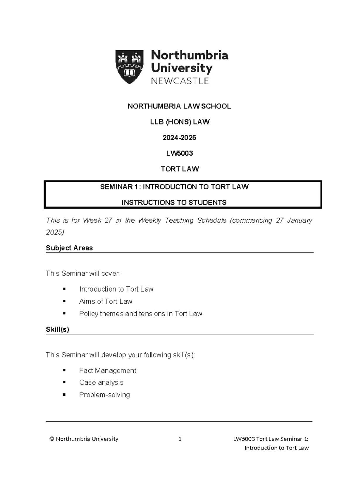 LW5003 Tort Law Seminar 1: Intro to Tort Law & Student Instructions ...