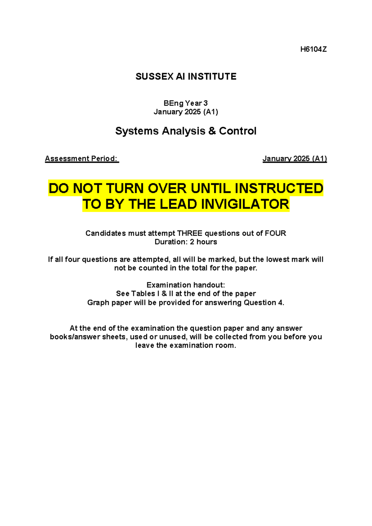 H6104Z BEng Year 3 Systems Analysis Control Exam January 2025 - Studocu